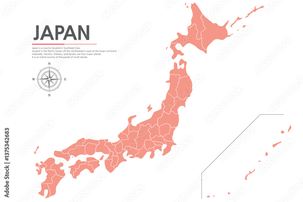 6. Japan red map. A map of Japan with a red background and a white line ...