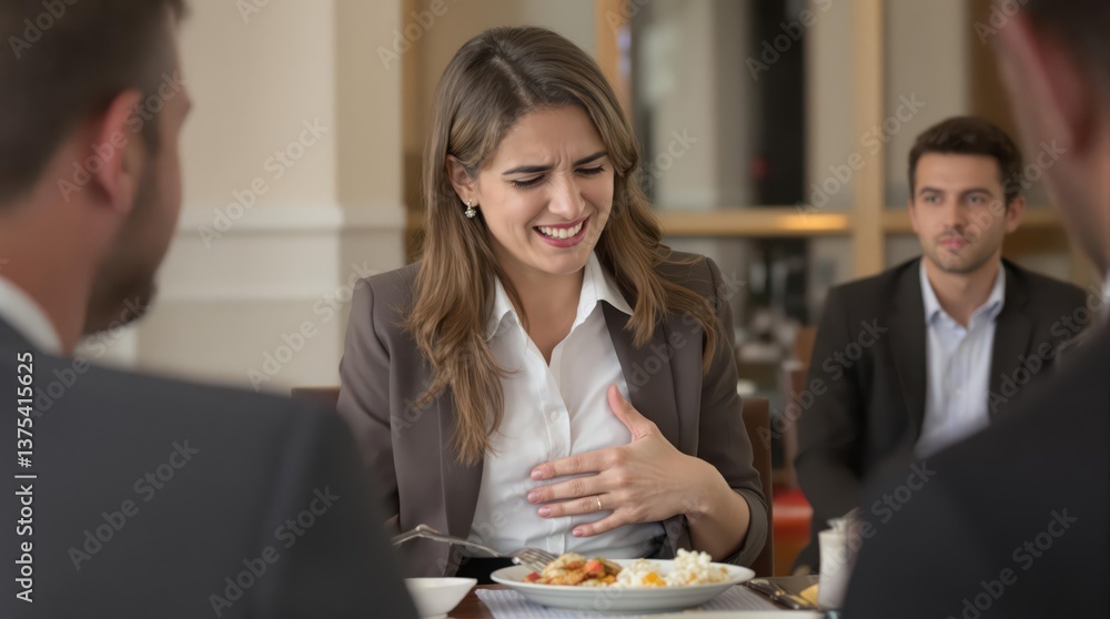 Stomach ache eating lunch causes businesswoman discomfort at restaurant ...