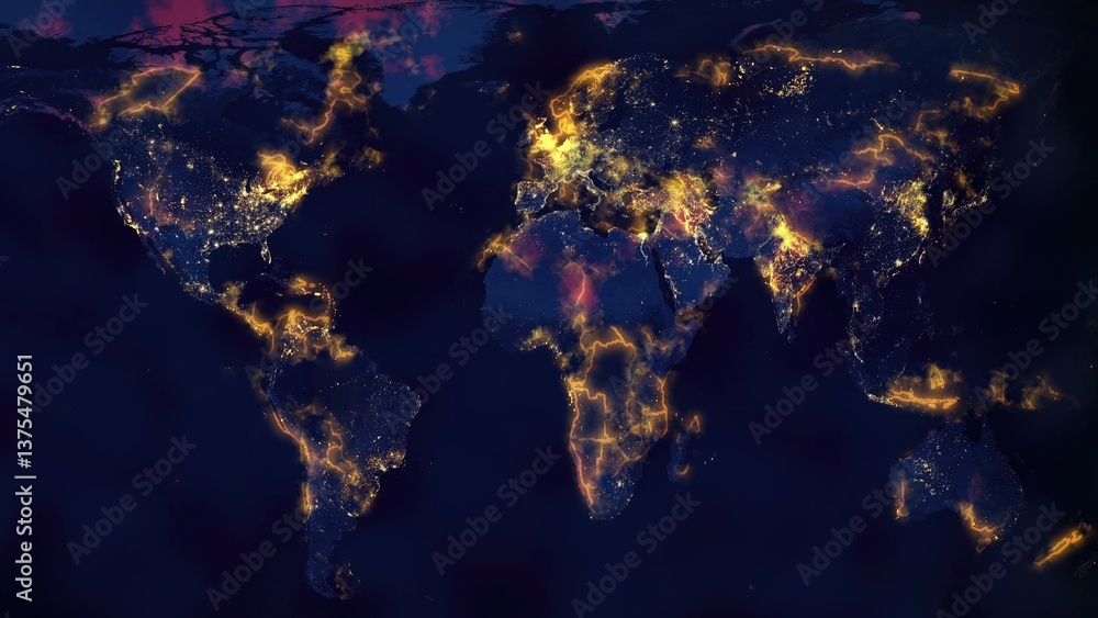 World map at night highlighting the most populated areas and political ...