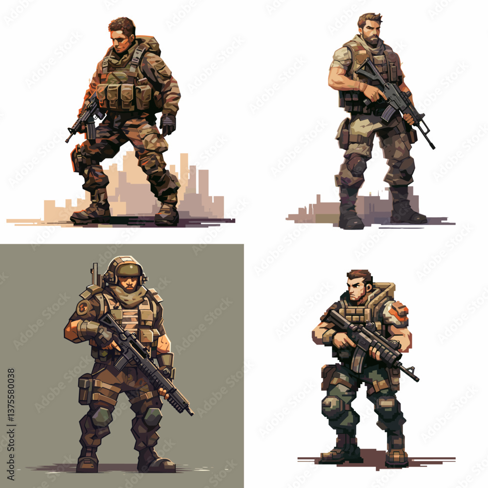 Pixel art style soldiers in tactical gear holding rifles, perfect for ...