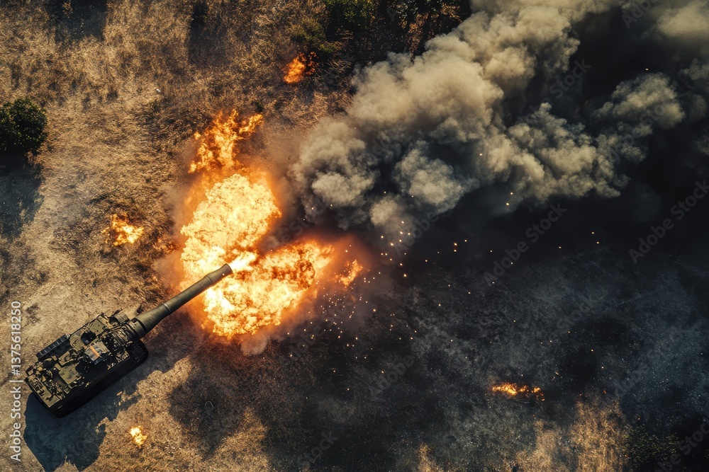 Military howitzer engages in combat, engulfed in flames during intense ...