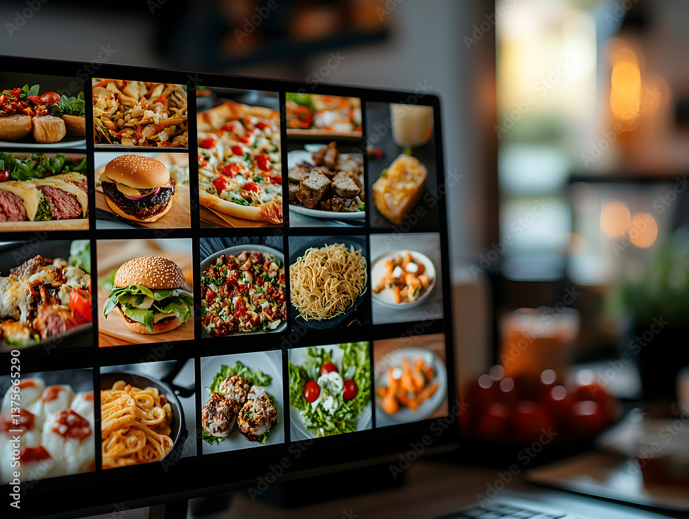 Monitor displaying multiple images of meals on a food delivery or ...
