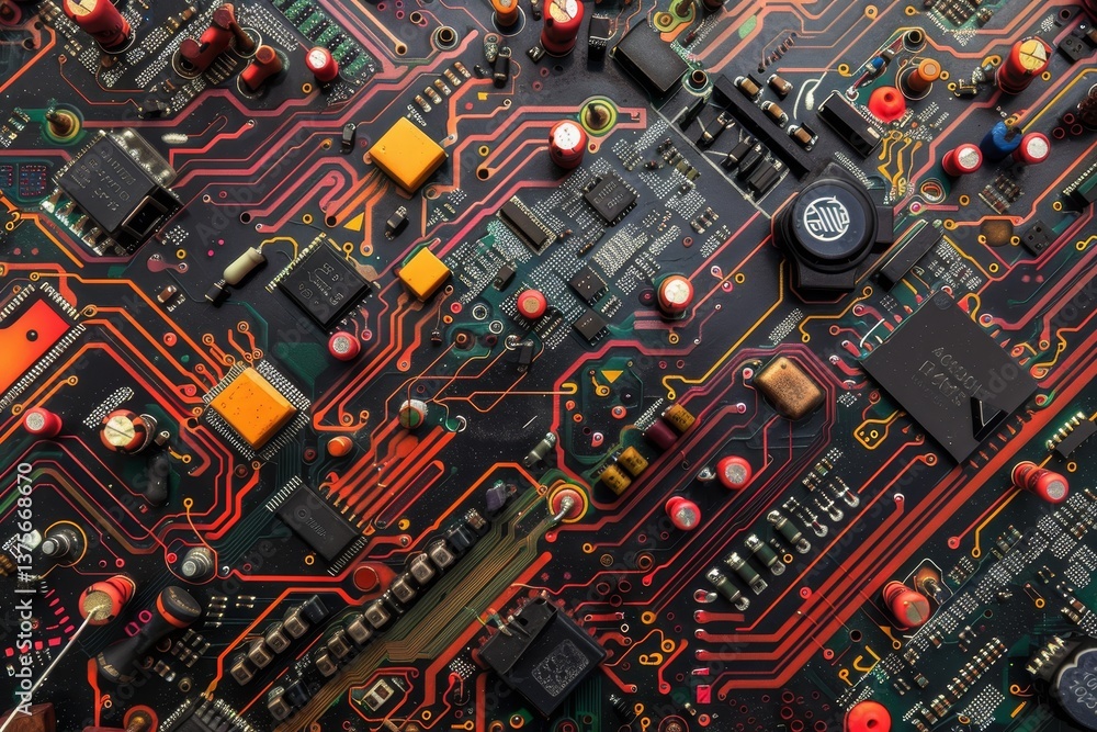 Intricate circuit board image with wire patterns, topaz, red elements ...