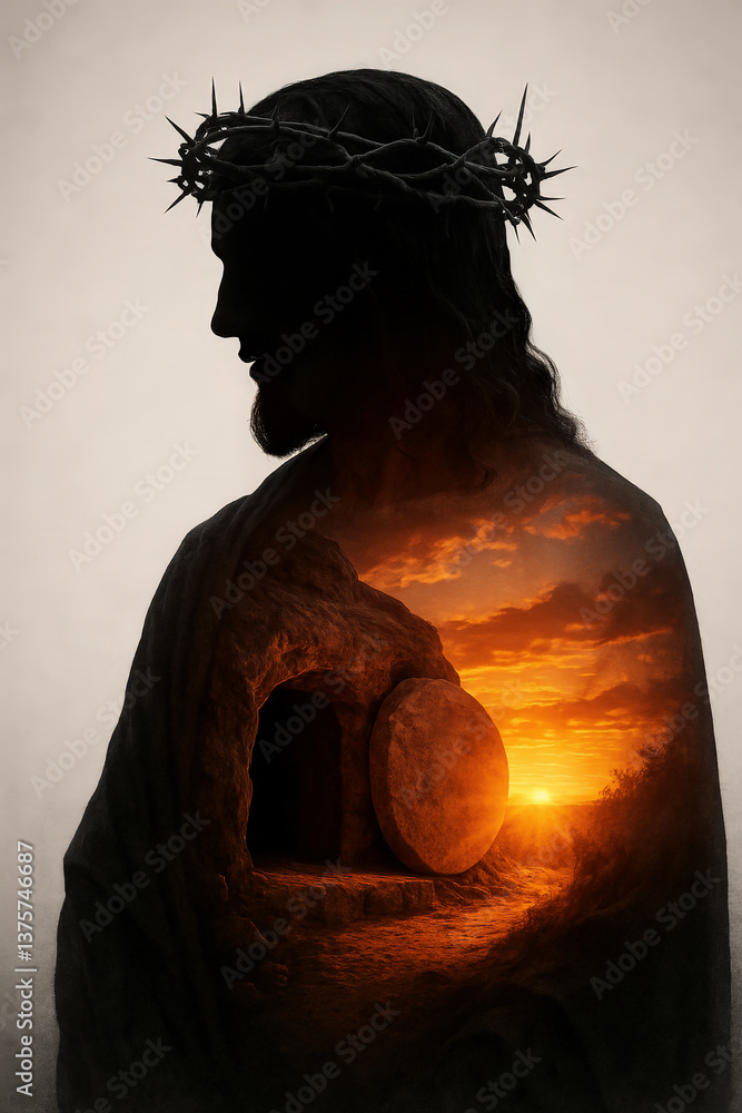 Jesus Christ Tomb Double Exposure Art of Silhouette Merged with Glowing ...