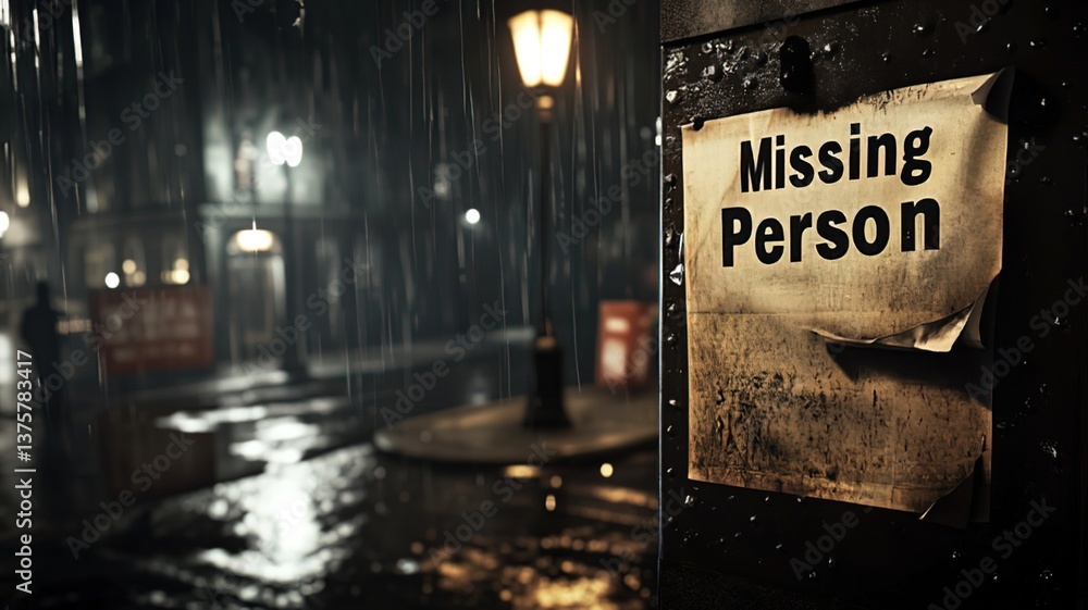 Mysterious urban street with flickering lamp, torn missing person ...