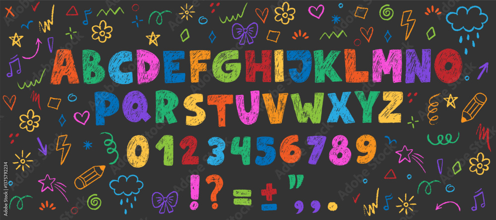 Crayon kids font, doodle funny playful alphabet. Hand drawn scribble ...