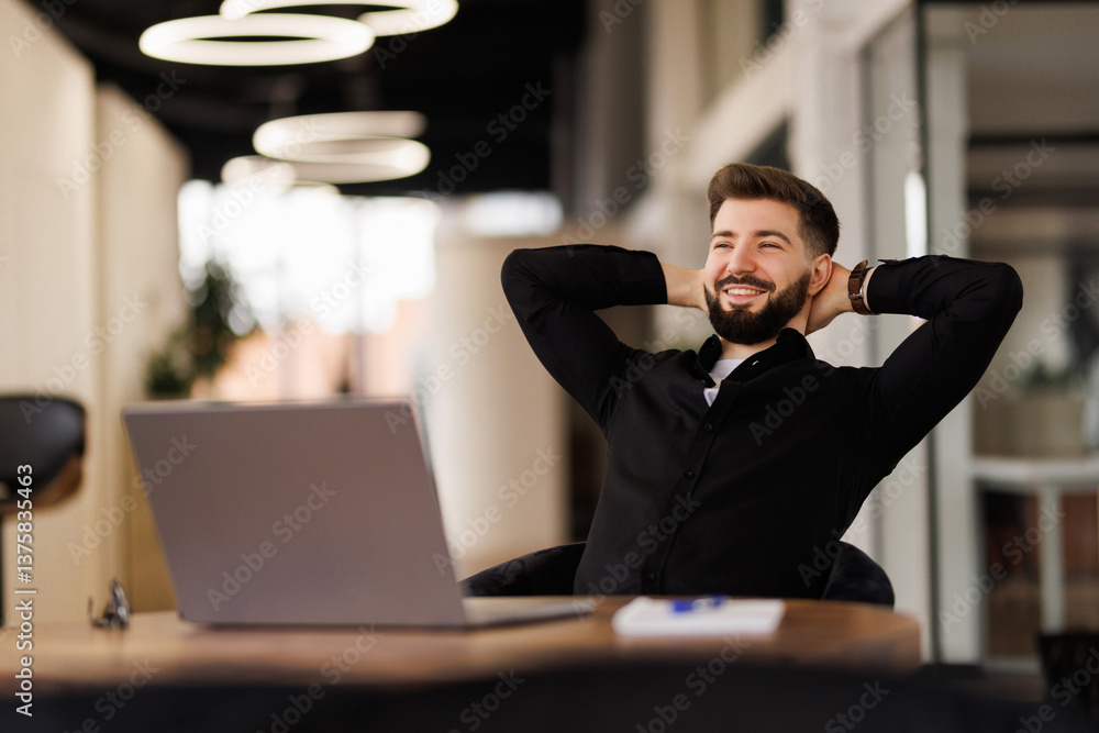 Relaxed positive calm man relax break hold hand behind head dream rest ...