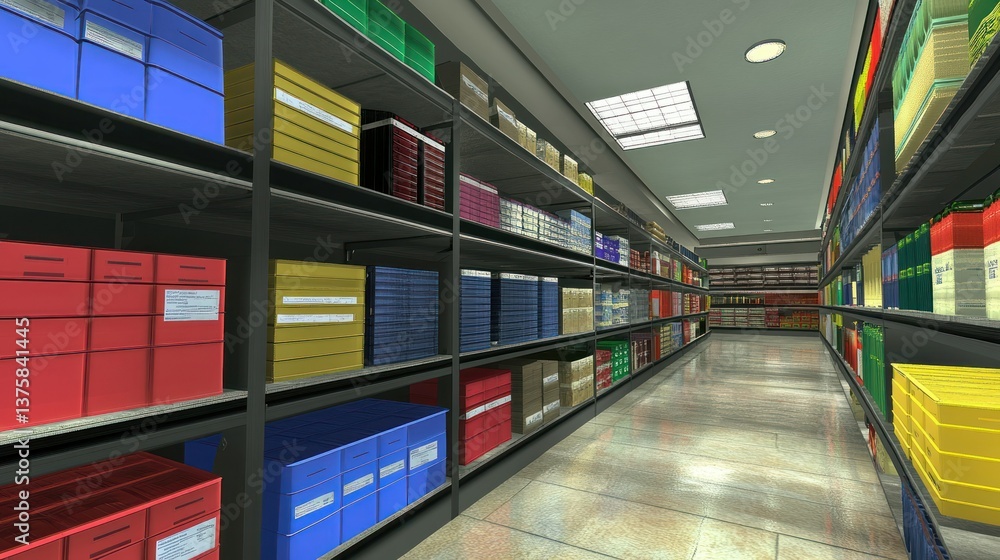 Organized storage aisle in a warehouse or retail store with full ...