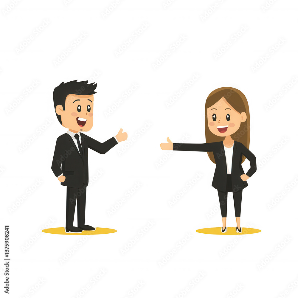 Two cartoon business professionals greeting each other with smiles and ...