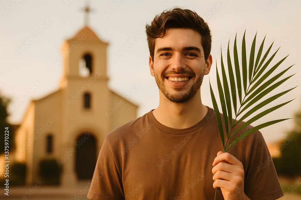 Smiling Young Man Holding Palm Leaf in Front of Church – Palm Sunday ...