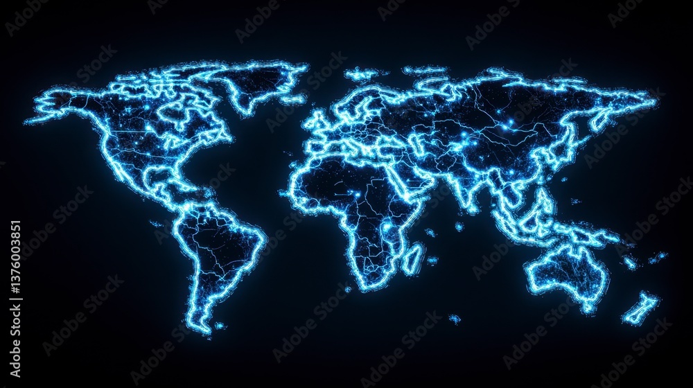 Abstract glowing blue world map on a dark background. The map is made ...