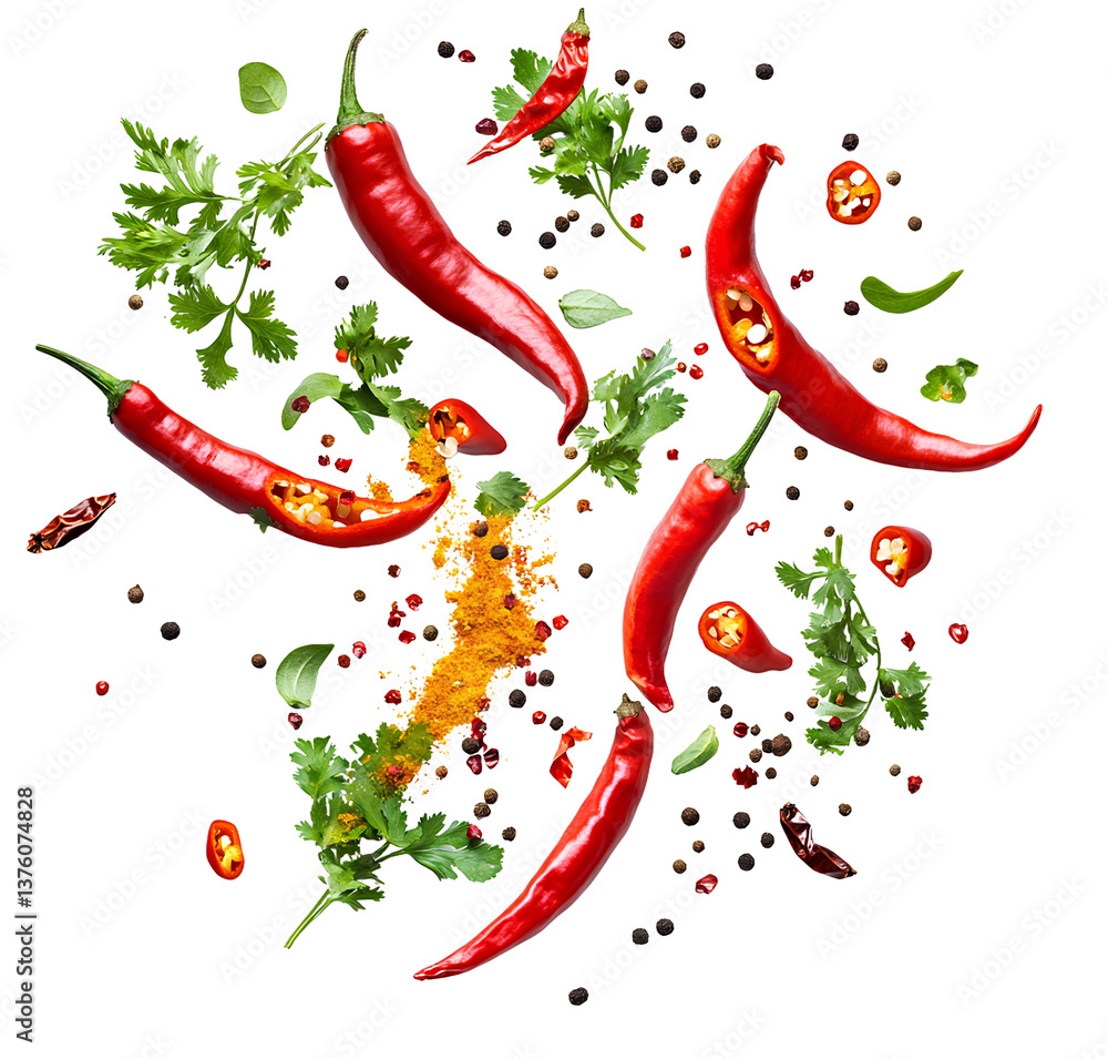 Chili peppers, coriander leaves, and spices flying on a transparent ...