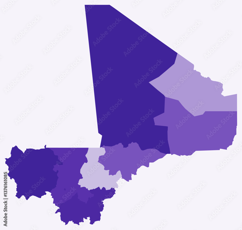 Map of Mali with regions. Just a simple country border map with region division. Deep purple ...