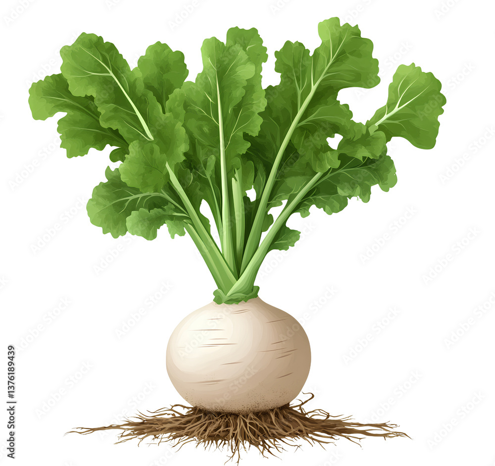 One cohesive turnip with leaves, isolated on a transparent background ...