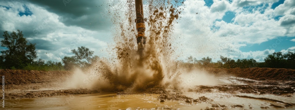 Heavy machinery creates a splash in muddy terrain during construction ...