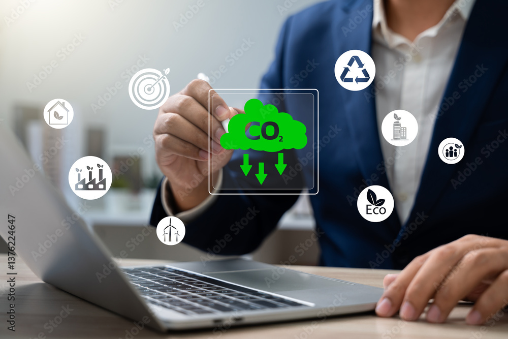 CO2 reduction, CO2 emissions impact, Businessman analyzing carbon ...