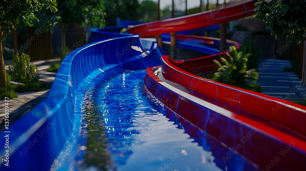 Exciting Blue and Red Water Slide at Amusement Park – Thrilling Spiral ...