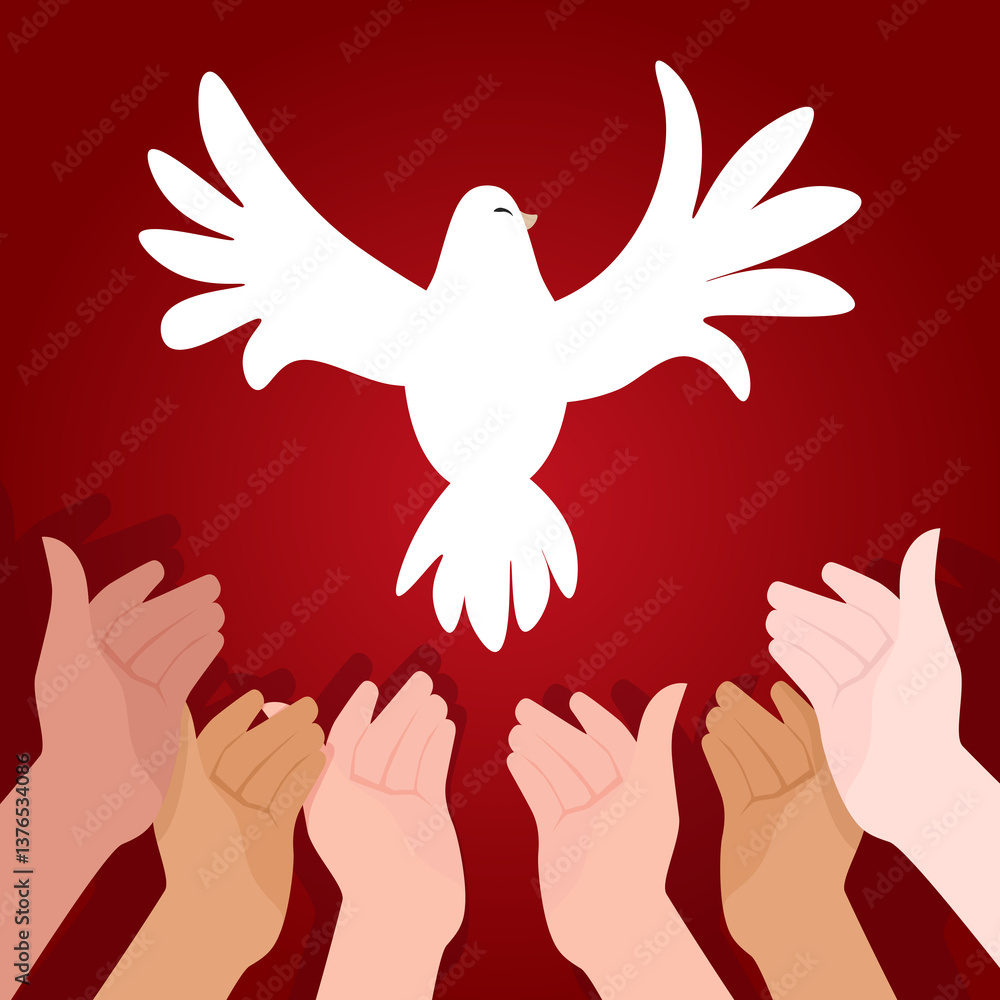 White flying dove symbol of the Holy Spirit on hands of different skin ...