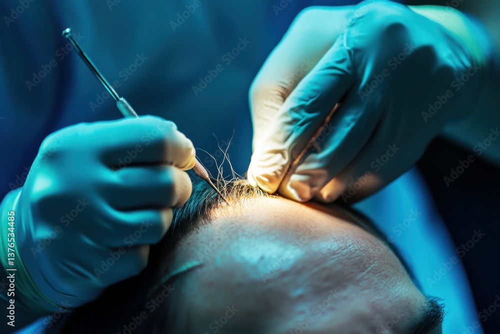 Hair transplant surgery close-up: surgeon using fine tools to implant ...