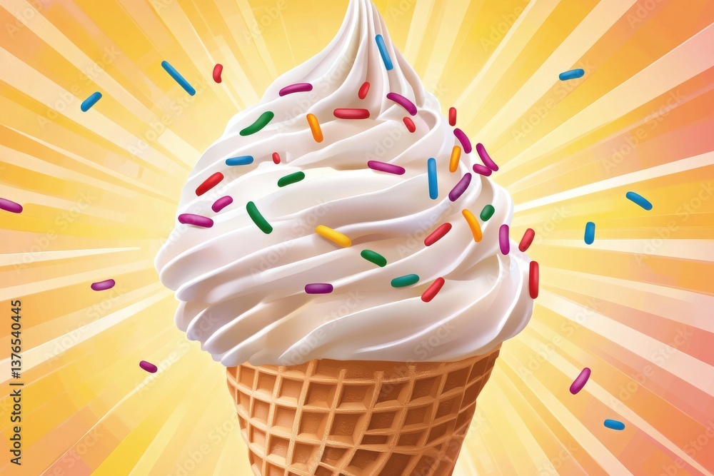 Whimsical Illustration of a Vanilla Ice Cream Cone with Colorful ...