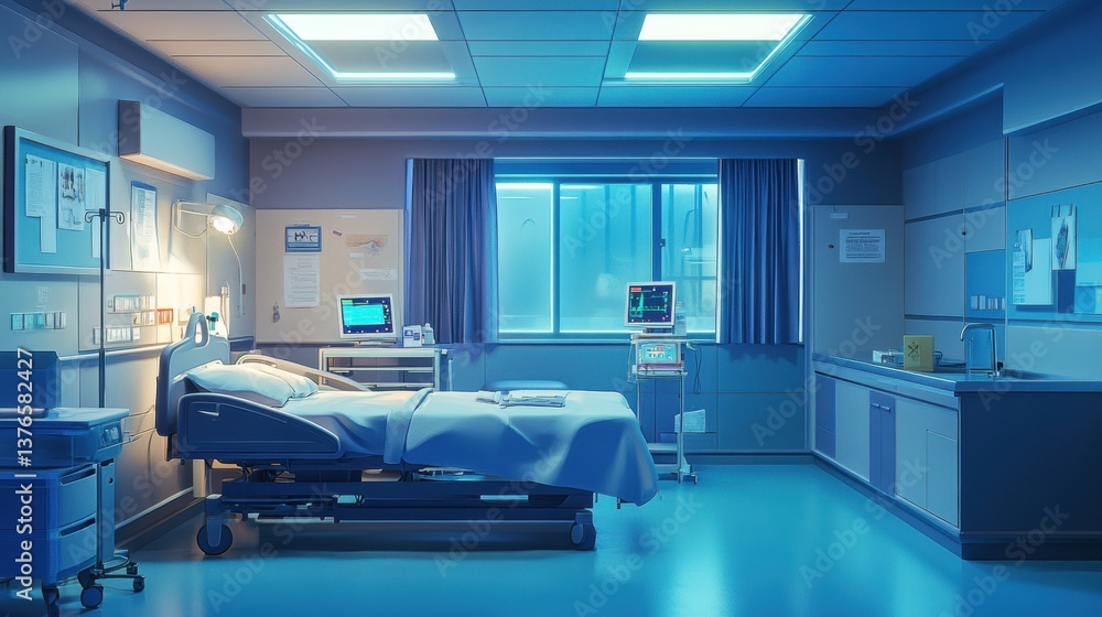 Hospital Room Interior with Bed, Medical Equipment, and Bright Window ...