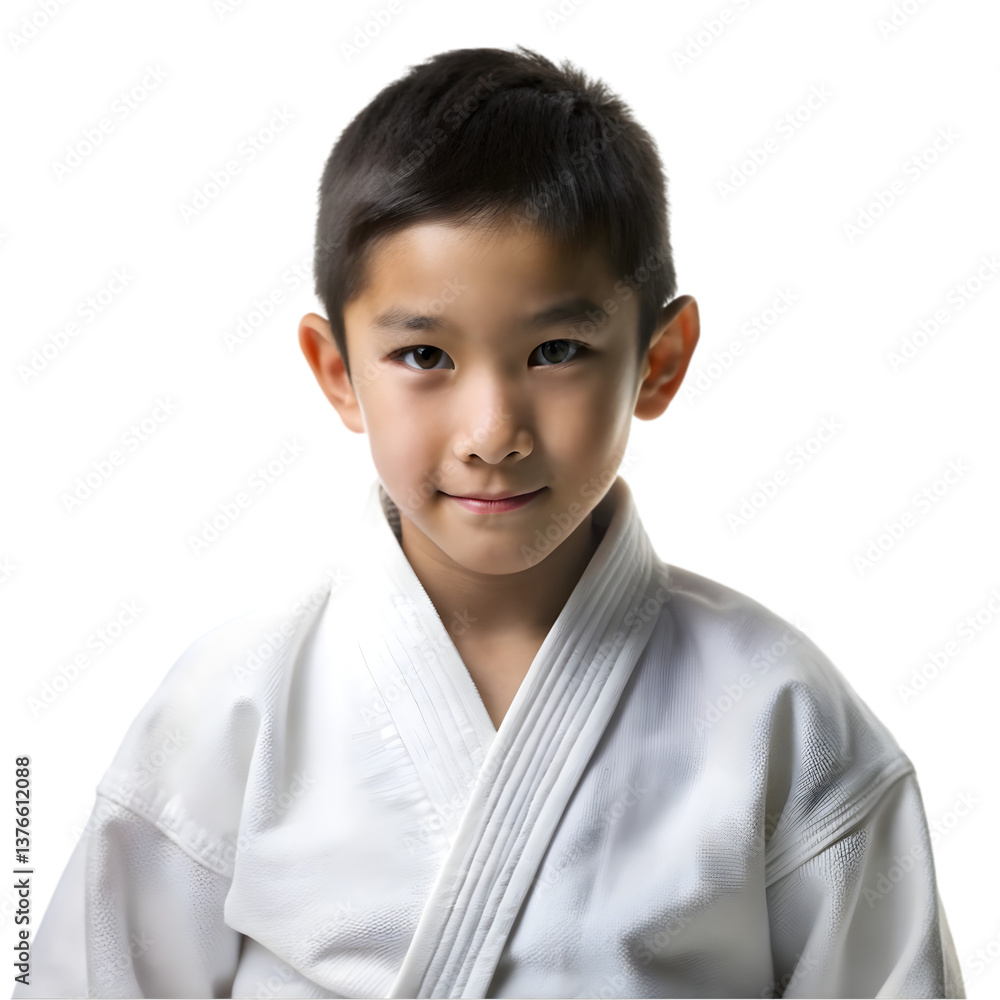 young boy wearing white judo uniform portrait isolated on transparent ...