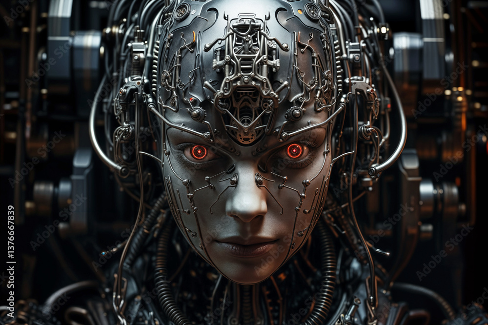 Futuristic Cyborg Face with Red Eyes, Advanced Neural Implants ...