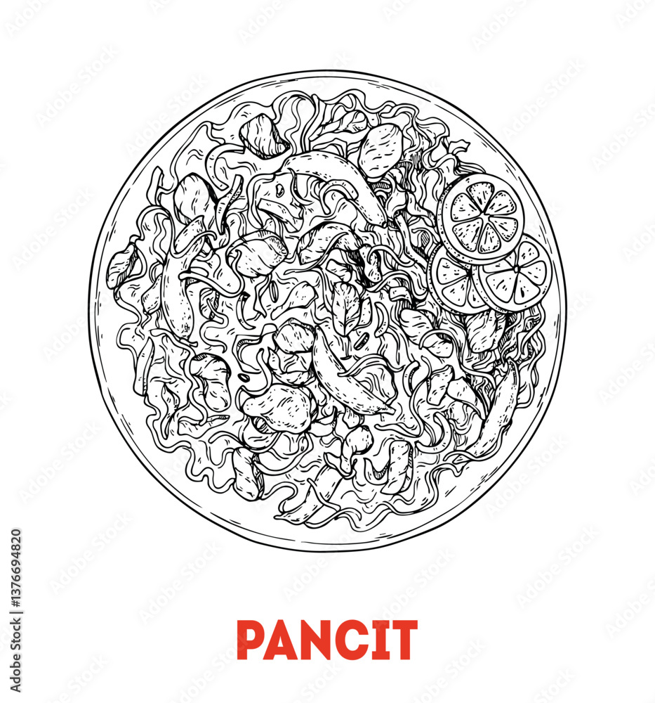 Pancit hand-drawn sketch - Traditional Filipino Food - Vector ...