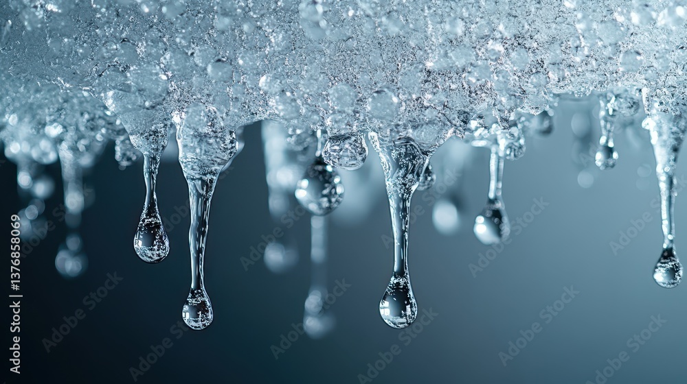 Melting ice, dripping water, close-up, dark background, winter texture ...