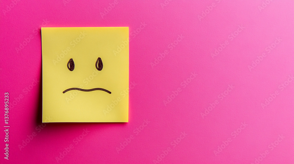 Sticky note with sad face drawn in black ink on vibrant pink background ...