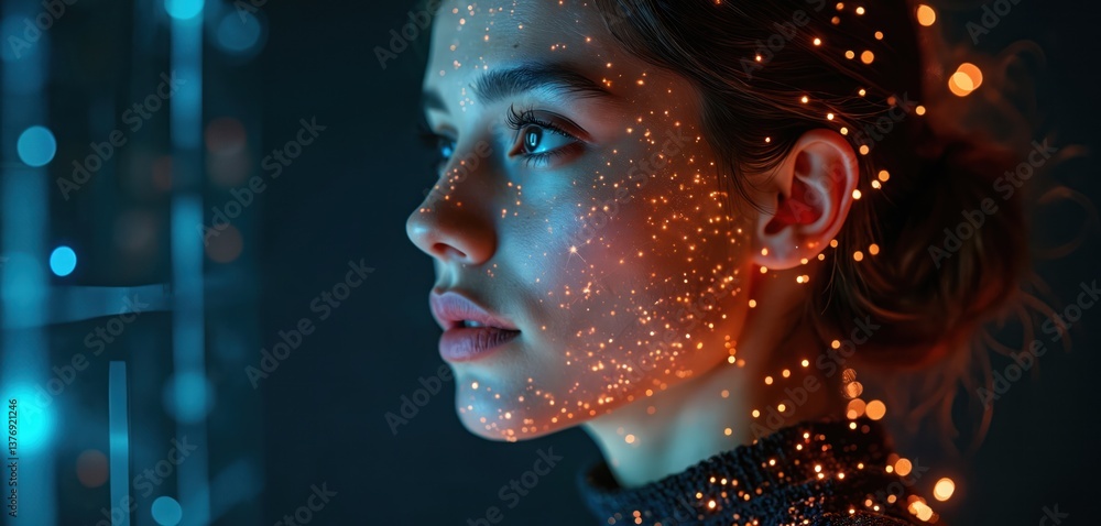 Young woman with digital overlay on face. Deepfake concept illustrates ...