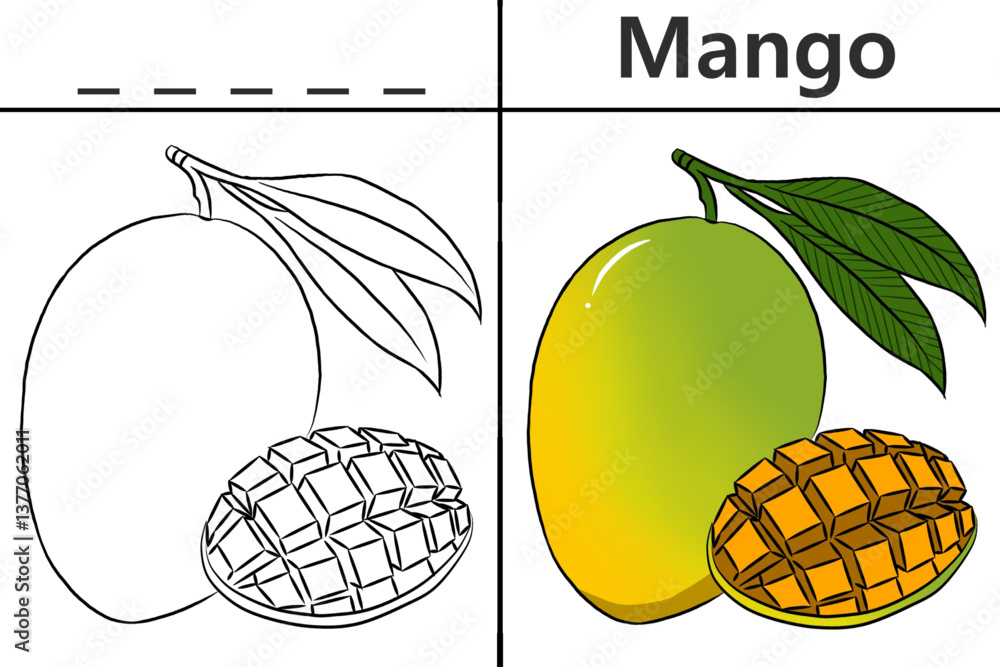 Mango coloring pages for kids and learning to recognize letters, fruit ...