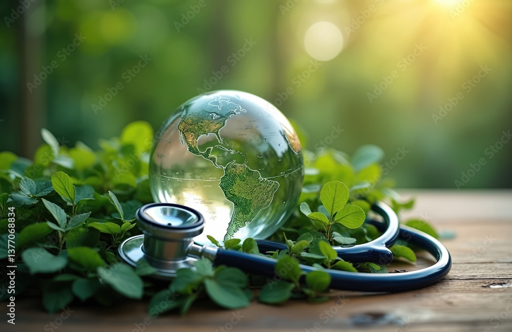 Glass globe with continents illustration, stethoscope nestled in green ...