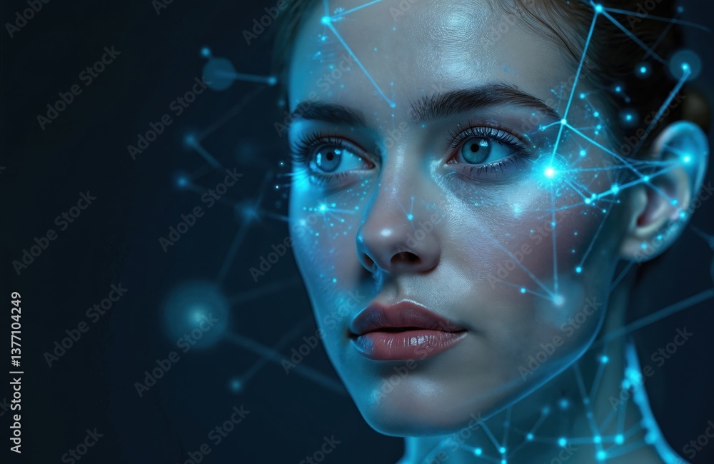 Biometric facial recognition technology concept. Woman face with ...