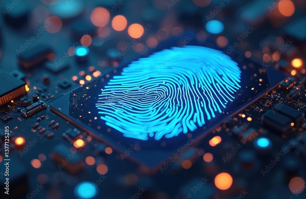 Futuristic tech, biometric authentication with fingerprint scan. Digital identity, cybersecurity ...