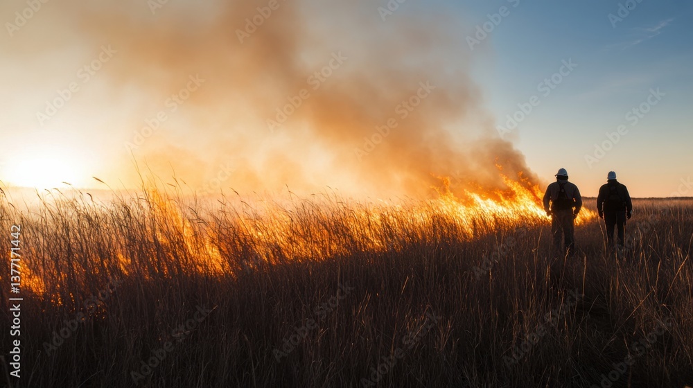 Firefighters combat a controlled burn in a grassy field, with flames ...