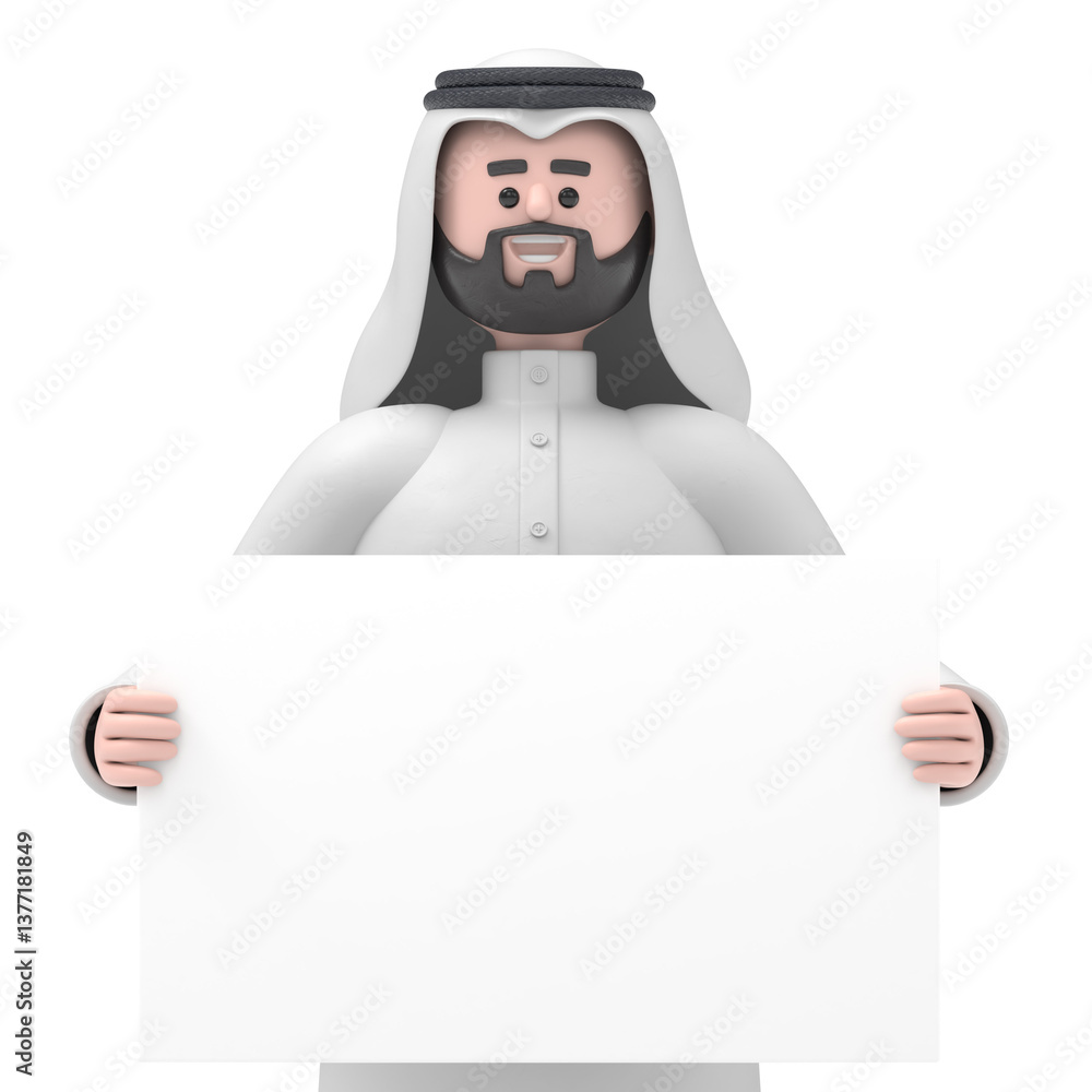 3D illustration of a smiling Arab man Hadi holding white blank board ...