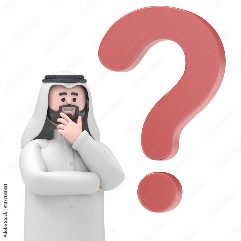 3D illustration of a thinking Arab man Hadi with big question mark in ...