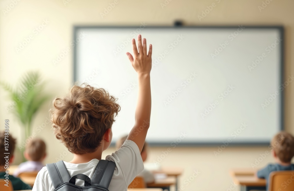 Schoolboy raising hand classroom. Back view of pupil with backpack at ...