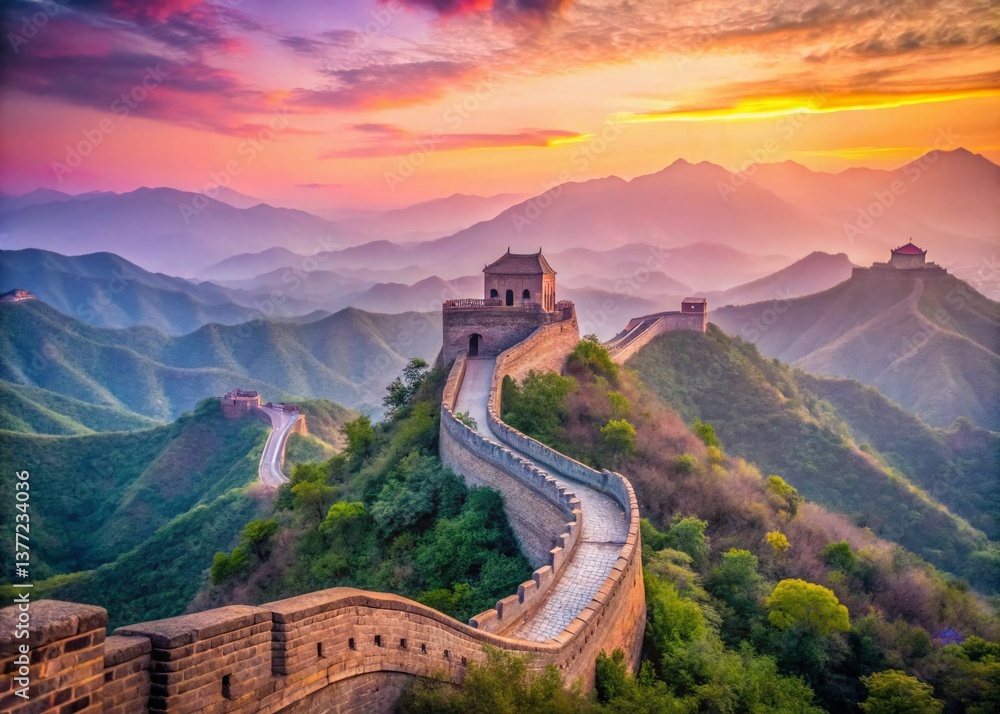 Great Wall of China Pastel Daytime Landscape - Historic Chinese ...