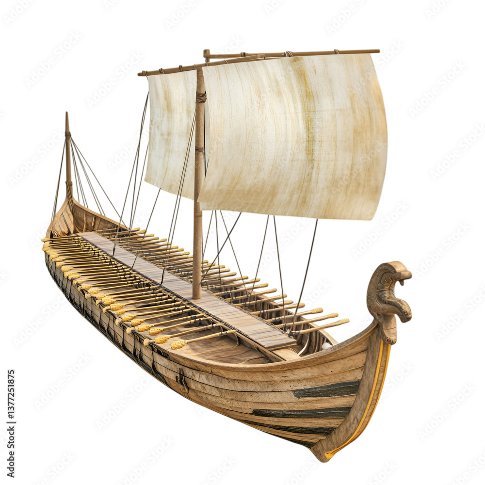 Ancient Greek trireme ship with three rows of oars, isolated on ...