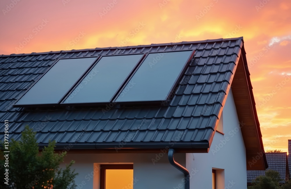 Modern solar panels installed on home rooftop. Renewable energy tech ...