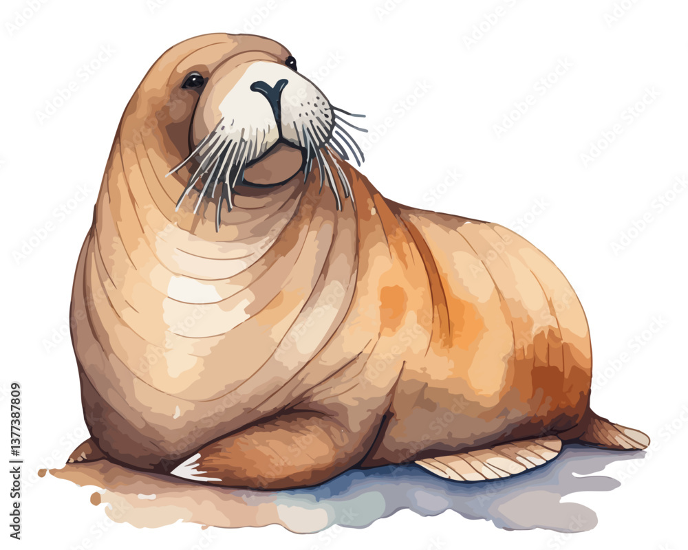 Hand drawn watercolor painting of a walrus lying isolated on white ...
