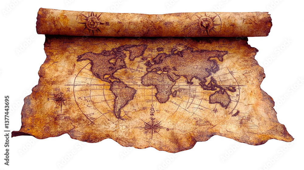 Ancient scroll featuring a detailed map with geographical markings and illustrations on aged ...