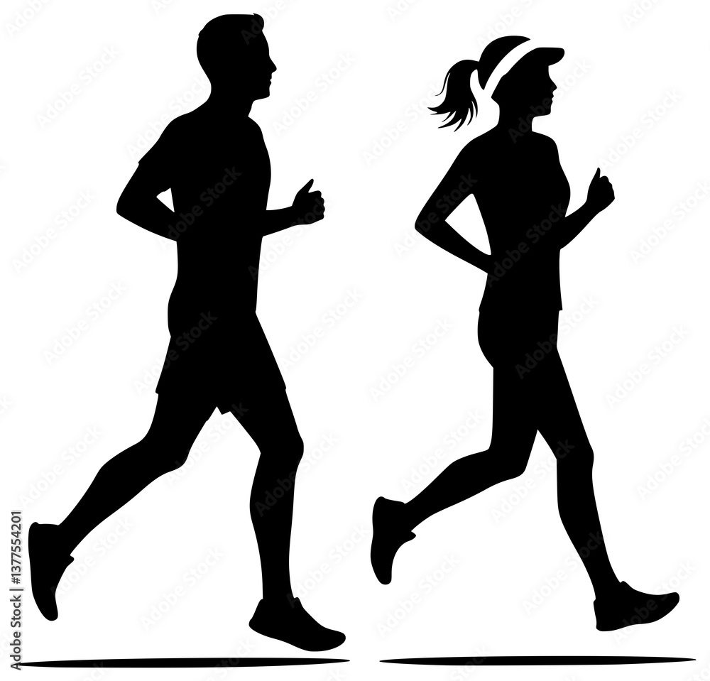 Illustration Stock Running man and woman, isolated vector silhouettes ...