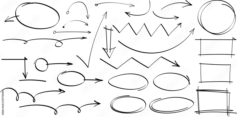 Hand drawn arrows, highlight, text underline strokes and emphasis marks ...