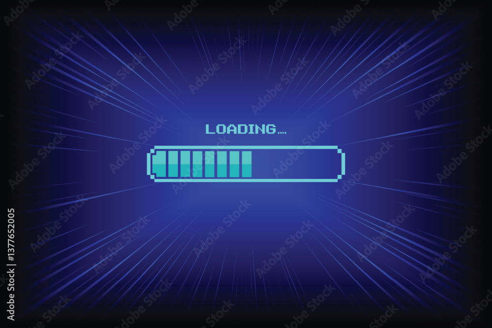 LOADING bar. pixel art. 8 bit. retro game. Retro Futurism Sci-Fi Background. glowing neon grid ...