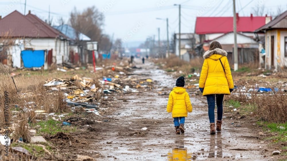 Mother and Child Walking in Yellow Raincoats Along a Muddy Street in a ...