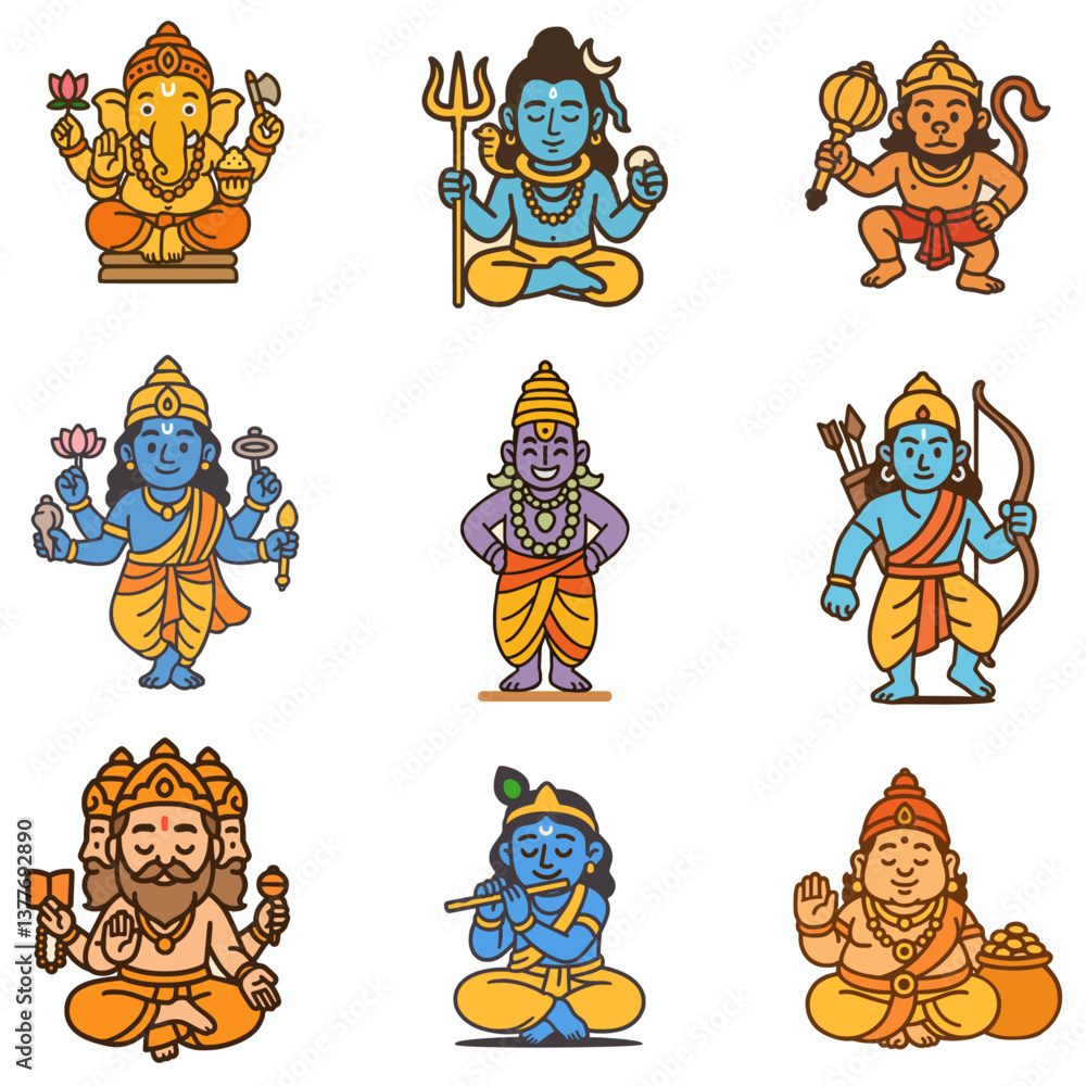 Hindu Gods Vector Illustration Set, Set of 9 Hindu Gods, Ganesha, Shiva ...