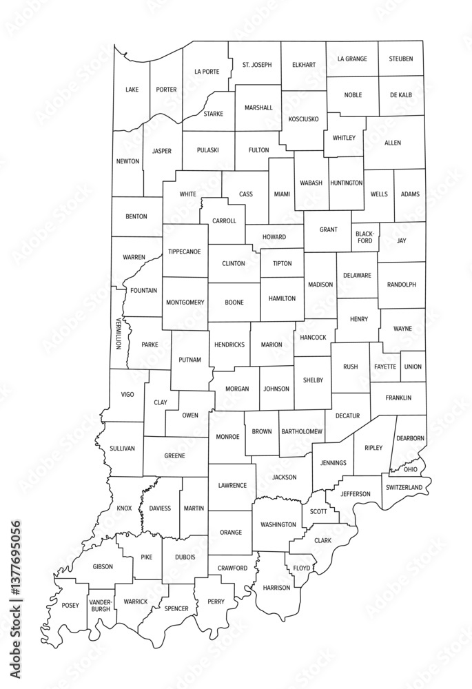 State of Indiana subdivided into 92 counties, outline map. State in the ...